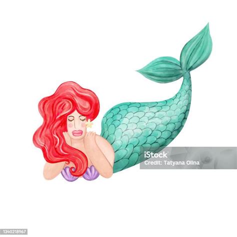 빨간 머리를 가진 귀여운 인어 손으로 그린 수채화 벡터 일러스트레이션 0명에 대한 스톡 벡터 아트 및 기타 이미지 0명 곡선 귀여운 Istock