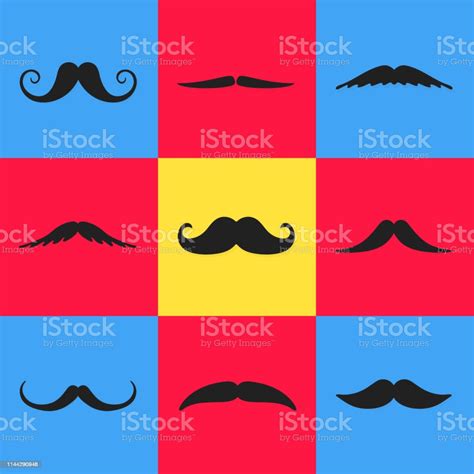 콧수염 플랫 스타일 디자인 벡터 일러스트 레이 션과 완벽 한 패턴입니다 검은 콧수염 사각형 색상 모양 배경에 고립 0명에 대한 스톡 벡터 아트 및 기타 이미지 Istock