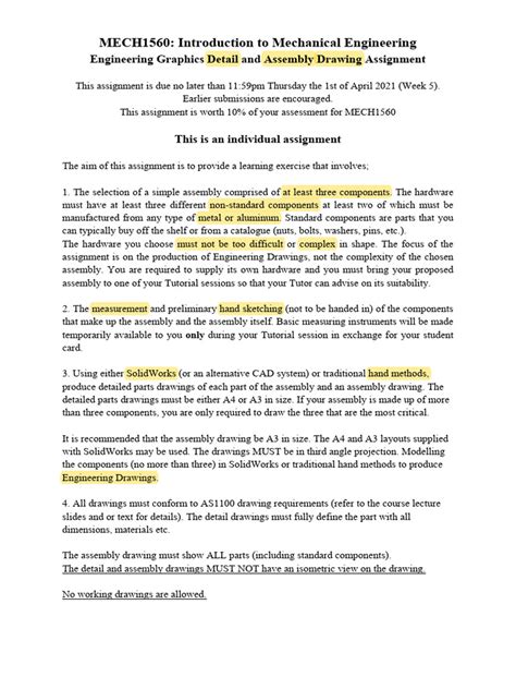 Mech1560 Engineering Graphics Detail And Assembly Drawing Assignment