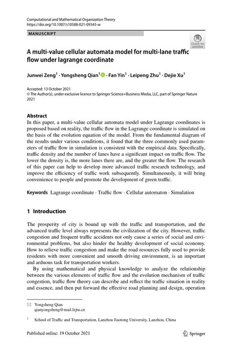 Pdf A Multi Value Cellular Automata Model For Multi Lane Traffic Flow Under Lagrange Coordinate