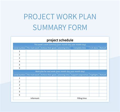 Project Work Plan Summary Form Excel Template And Google Sheets File For Free Download Slidesdocs