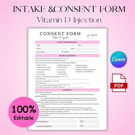Editable Simple Vitamin D Injection Intake And Consent Form