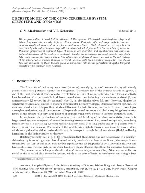 Pdf Discrete Model Of The Olivo Cerebellar System Structure And Dynamics