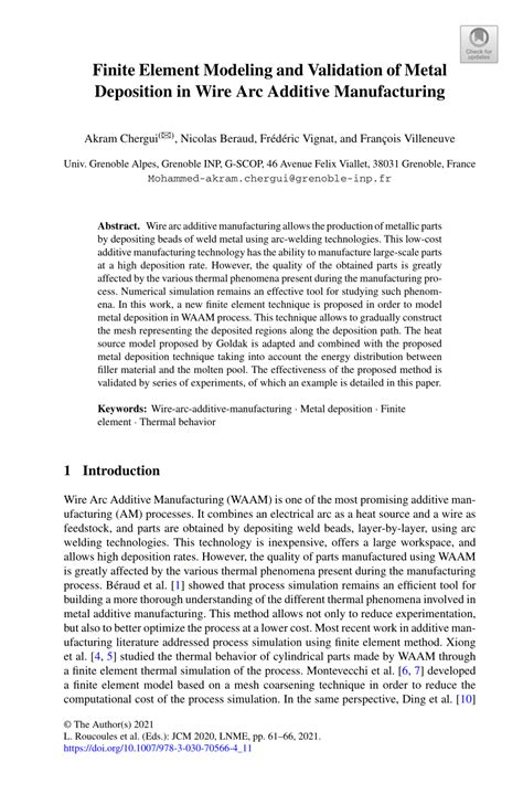Pdf Finite Element Modeling And Validation Of Metal Deposition In Wire Arc Additive Manufacturing