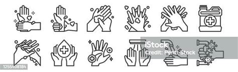 도어 핸들 핸드 드라이어 세탁 손 세탁 손 손 손바닥 손목 웹용 모바일 등 12개의 얇은 윤곽 선명아이콘 세트 공공건물에 대한 스톡 벡터 아트 및 기타 이미지 Istock