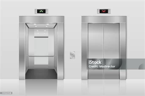 벡터 3d 현실적인 빈 빈 열기 및 폐쇄 강철 크롬 실버 금속 사무실 건물 리프트 엘리베이터 문 버튼 설정 닫기 바닥 인테리어