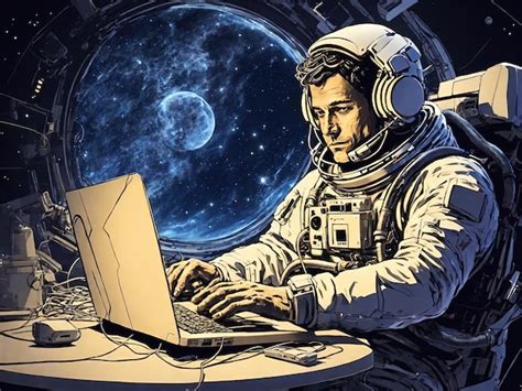 Premium Ai Image Astronaut In Spacesuit With Laptop And Space Rocket In Space