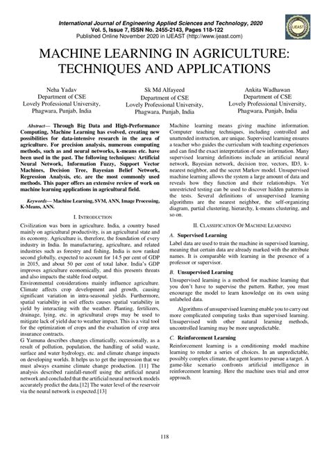 Pdf Machine Learning In Agriculture Techniques And Applications