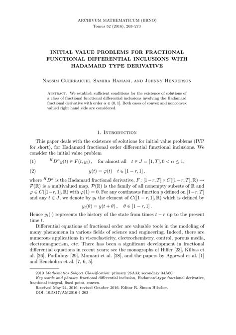 Pdf Initial Value Problems For Fractional Functional Differential Inclusions With Hadamard