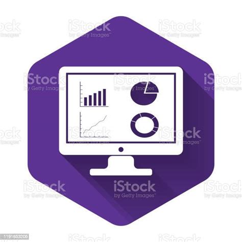 긴 그림자로 격리 된 그래프 차트 아이콘이있는 흰색 컴퓨터 모니터 텍스트 파일 아이콘을 보고합니다 회계 기호입니다 감사 분석