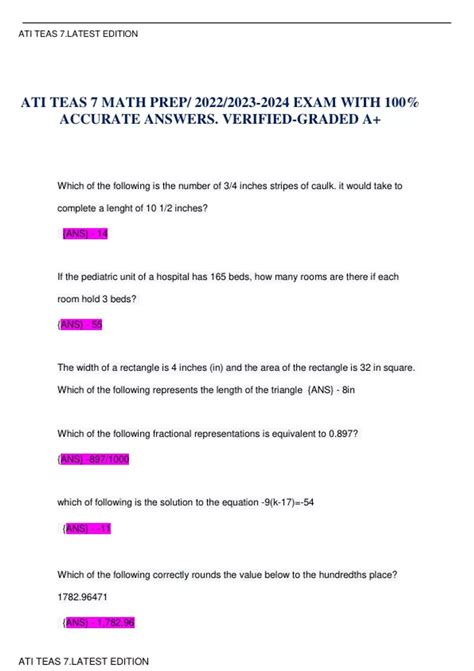 ATI TEAS 7 MATH PREP 2022 EXAM WITH 100 ACCURATE ANSWERS VERIFIED