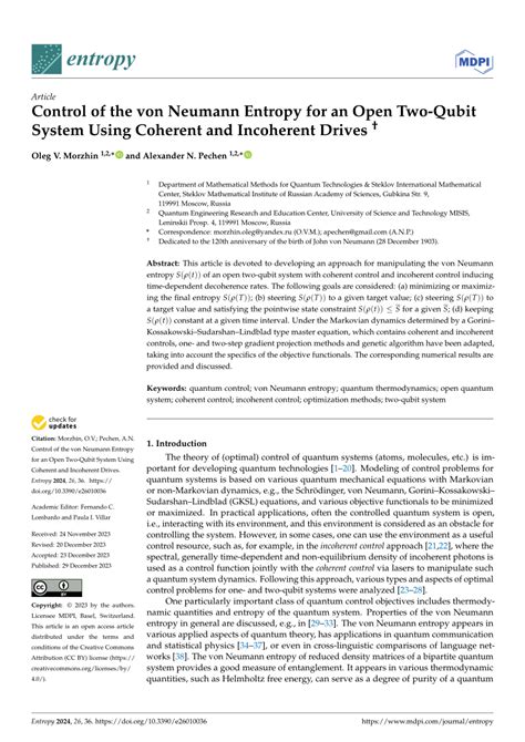 Pdf Control Of The Von Neumann Entropy For An Open Two Qubit System