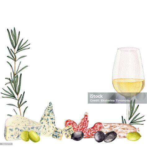 레드 와인을 곁들인 유리 올리브 로즈메리 흰 곰팡이가 있는 소시지 푸엣 조각 품종 블루 치즈 클립아트 수채화 예술 일러스트레이션