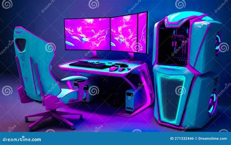 Computer Desk With Two Monitors And Keyboard Generative Ai Stock Illustration Illustration Of