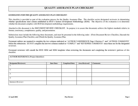 Quality Assurance Plan Checklist In Word And Pdf Formats