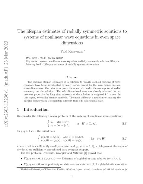 Pdf The Lifespan Estimates Of Radially Symmetric Solutions To Systems Of Nonlinear Wave