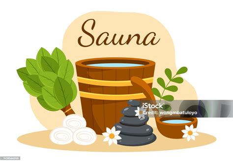 사우나와 스팀 룸은 사람들이 휴식을 취하고 몸을 씻고 증기를 마시거나 평면 만화 손으로 그린 템플릿 그림에서 시간을 즐깁니다