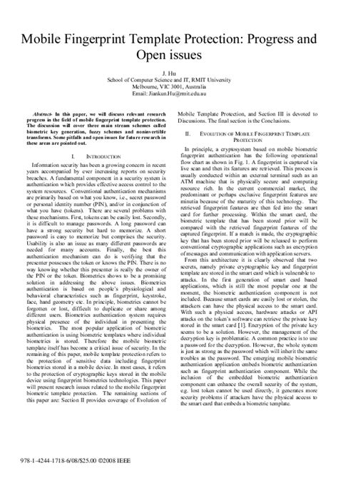 Pdf Mobile Fingerprint Template Protection Progress And Open Issues