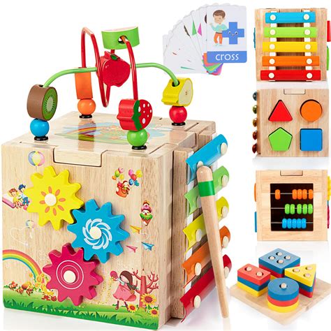 Bravmate Wooden Activity Cube 8 In 1 Wooden Montessori Learning Toys
