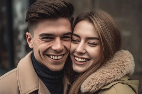 Pareja joven mirando a la cámara riendo y sonriendo creada con ai generativo Foto Premium