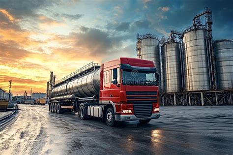 Red Gasoline Tank Truck Leaving Industrial Facility At Sunset Stock