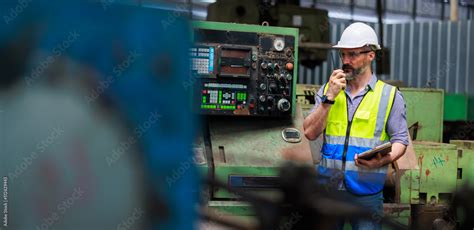 Walkie Talkie Portrait Caucasian Professional Engineer Factory