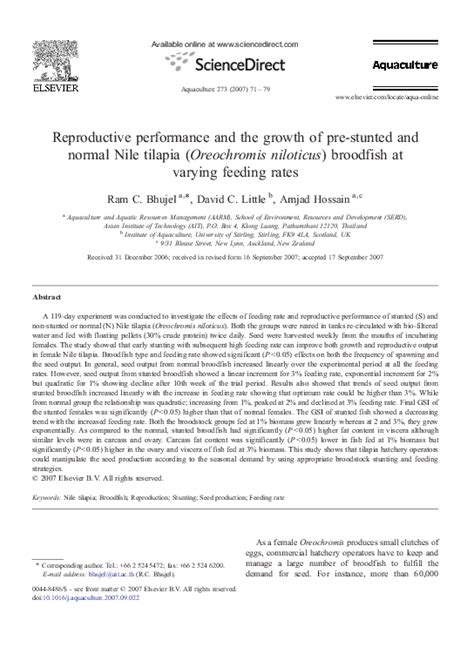 Pdf Reproductive Performance And The Growth Of Pre Stunted And Normal Nile Tilapia