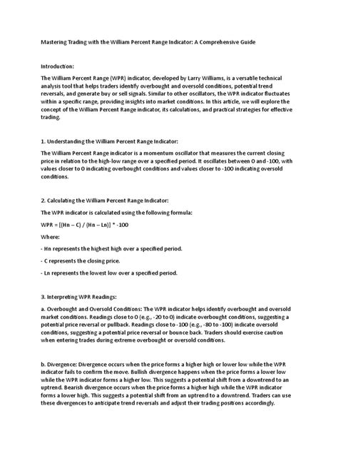 Mastering Trading With The William Percent Range Indicator Pdf Market Trend Investing