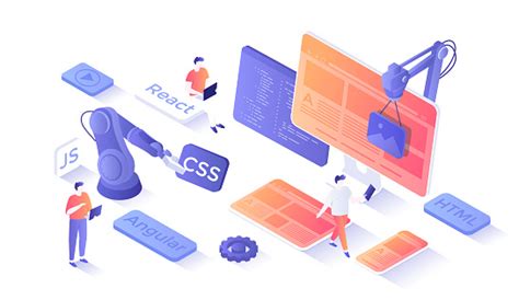 프론트엔드 개발 사이트 레이아웃 만들기 템플릿 데이터를 그래픽 Ui Ux 인터페이스로 변환합니다 웹 개발 디자인 그래픽 웹 그래픽을 위한 사람 장면이 있는 아이소메트리 그림