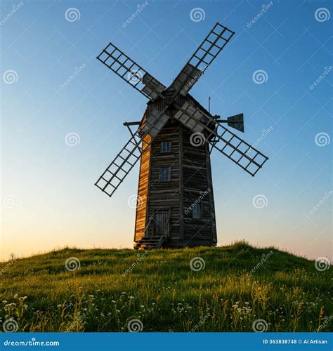 Old Windmill Structure In Comic Style With Frozen Landscape Background