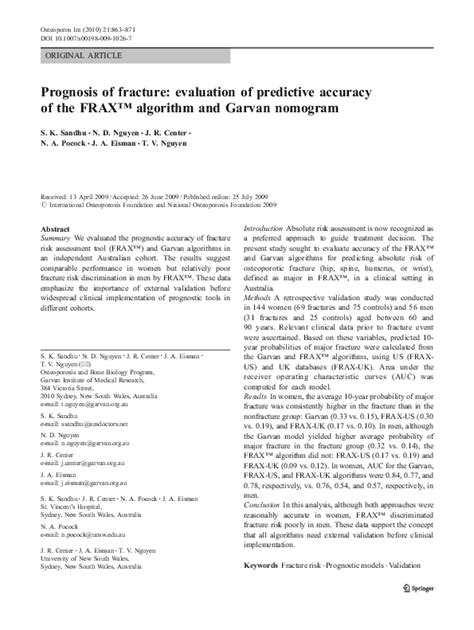 Pdf Prognosis Of Fracture Evaluation Of Predictive Accuracy Of The Frax™ Algorithm And Garvan