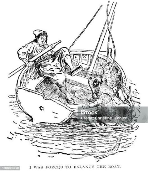 개구리는 보트에서 남자를 무서워 걸리버의 여행 시리즈 라니다공포증 개구리 공포증 개구리에 대한 스톡 벡터 아트 및 기타 이미지 개구리 새긴 이미지 판화 제작물