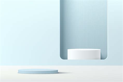 라이트 블루 최소 벽 장면에 사각형 창에 흰색 연단과 추상 3d 파란색 실린더 받침대 연단 화장품 디스플레이 프레젠테이션을 위한