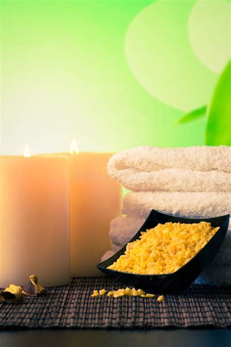 Spa Massage Border Background With Towel Stacked Candles And Sea Salt