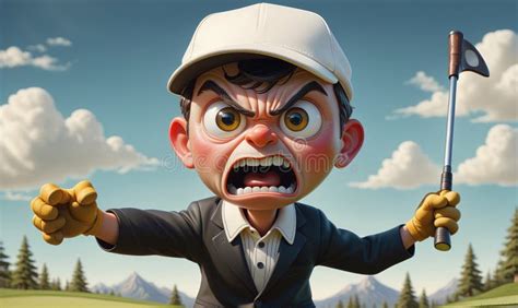 A Cartoon Golfer Yells Angrily While Holding His Putter On The Golf