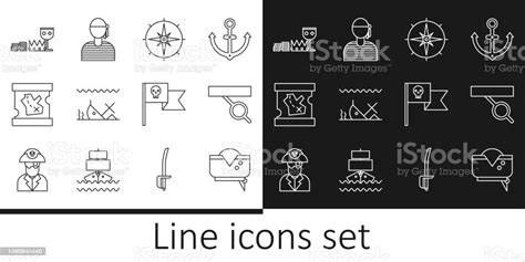 세트 라인 해적 모자 안대 바람 장미 침몰 한 배 보물지도 보물과 재물 두개골과 선장 아이콘이있는 깃발 벡터 가공의 인물에 대한