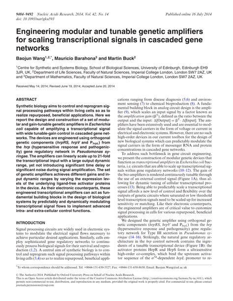 Pdf Engineering Modular And Tunable Genetic Amplifiers For Scaling