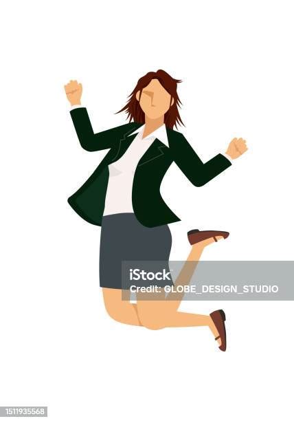 비즈니스 정장을 입은 한 명의 동양 여성 사업가가 점프하는 플랫 일러스트레이션 성공 도약 도약의 이미지 기업 비즈니스에 대한 스톡 벡터 아트 및 기타 이미지 Istock