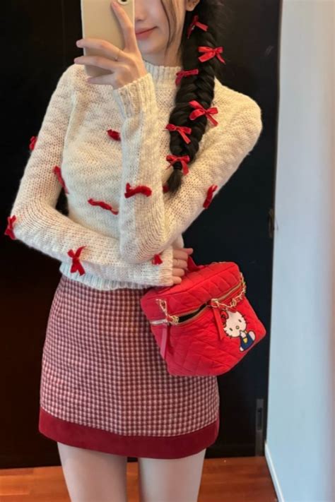 핑크프릴 Set 리본 디자인 라운드넥 니트 스웨터 체크 미니스커트 투피스세트