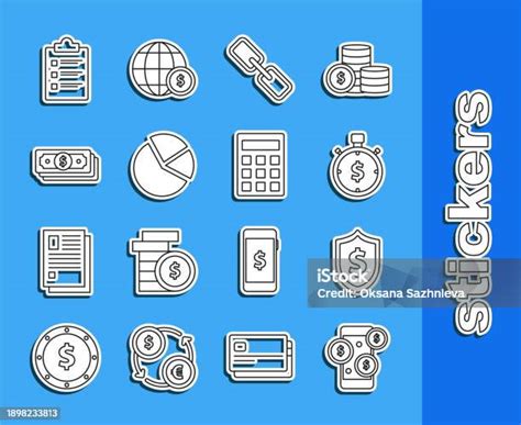 달러 기호 방패 시간은 돈 체인 링크 파이 차트 인포 그래픽 종이 현금 스택 클립 보드 체크리스트 및 계산기 아이콘이있는 스마트 폰을 설정합니다 벡터 0명에 대한 스톡 벡터