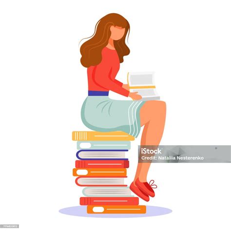 소녀 독서 책 평면 벡터 일러스트 레이션입니다 페이퍼백 책을 가지고 있는 학생 시험 준비 교과서의 스택에 앉아 젊은 여성 흰색 배경에 그것 중 하나를 고립 만화 캐릭터를