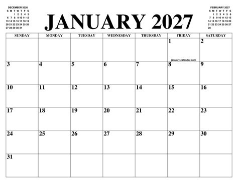 January 2027 Calendar Of The Month Free Printable January Calendar Of The Year Agenda