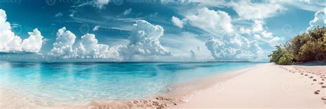 Ai Generated Beautiful Sandy Beach With White Sand And Hilly Terrain Sea Sunny Weather