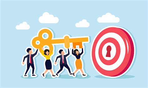 사업가들이 힘을 합쳐 열쇠를 들어 올려 타겟 보드의 열쇠 구멍에 겨누는 모습은 비즈니스 목표를 달성하기 위한 해결책을 찾는 팀워크를 보여줍니다 개념에 대한 스톡 벡터 아트