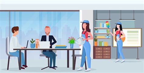 쉼터 팀 청소기 유니폼 작업 함께 청소 서비스 개념 창조적 공동 작업 센터 현대 사무실 인테리어 평면 전체 길이 수평 원형탁자에 대한 스톡 벡터 아트 및 기타 이미지