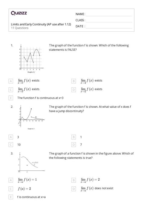 50 limits and continuity worksheets on quizizz free and printable