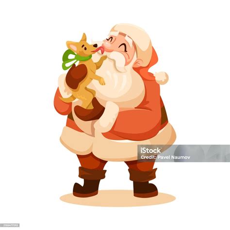 재미있는 산타 캐릭터 와 흰 수염 와 빨간 모자 파악 개 강아지 벡터 일러스트 12월에 대한 스톡 벡터 아트 및 기타 이미지