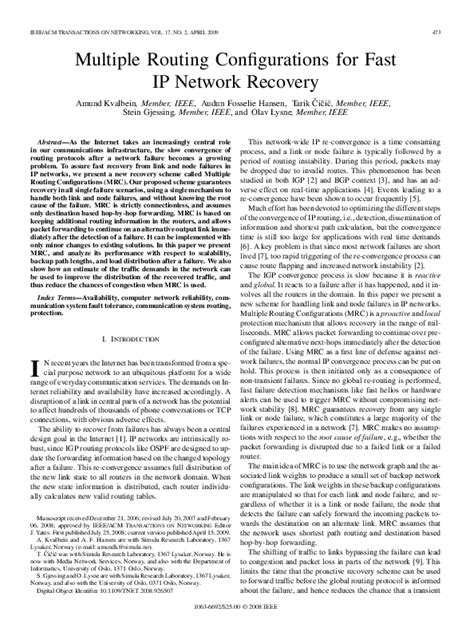 Pdf Multiple Routing Configurations For Fast Ip Network Recovery