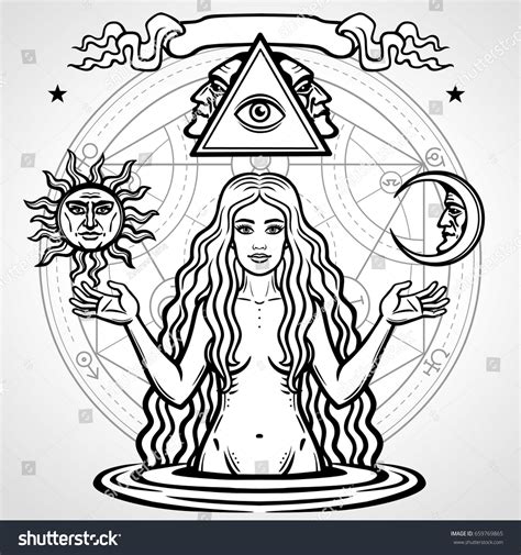 Set Alchemical Symbols Young Beautiful Woman Stock Vector Royalty Free
