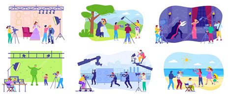 영화 장면 촬영 영화 무대 뒤 비디오 촬영 위치 Tv 스튜디오 제작 영화 제작진 카메라 녹화 비디오 촬영 패션 배우 또는 여배우 멋진 벡터 그림 프리미엄 벡터